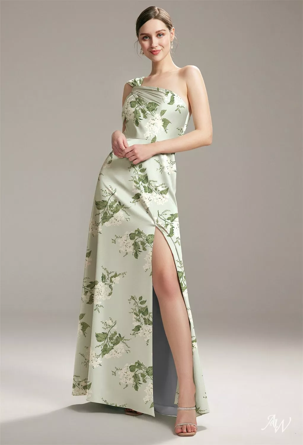 AW Natalia Dress, Taupe Satin Charmeuse Floor Length One Shoulder ...