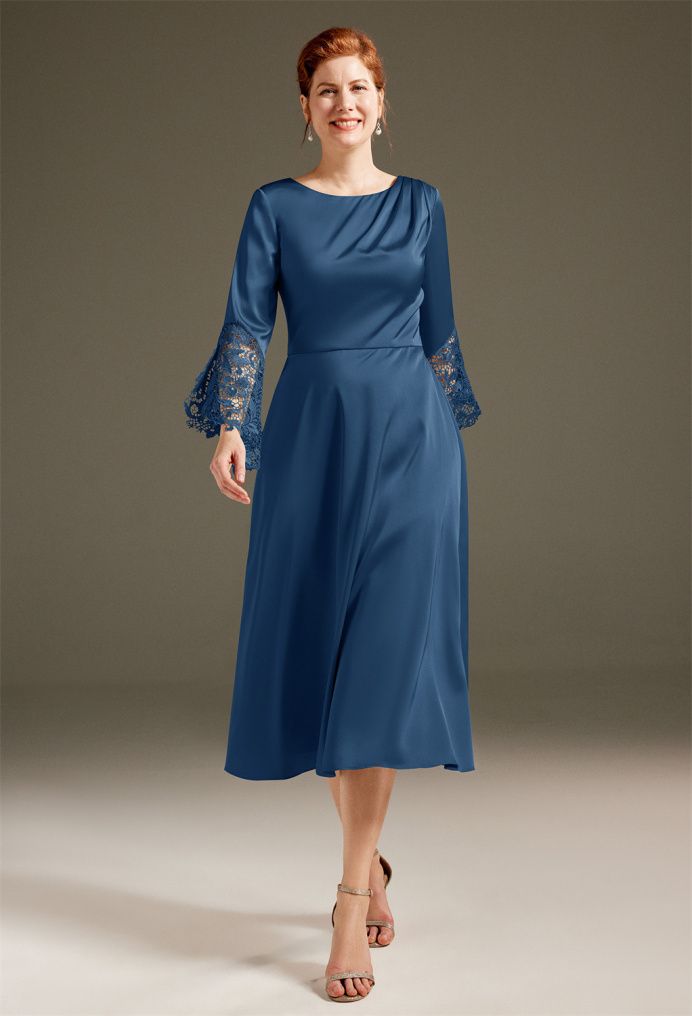 AW Penrose Dress, Navy Satin Charmeuse Ankle Length Straight Neckline Mother of the Bride ...