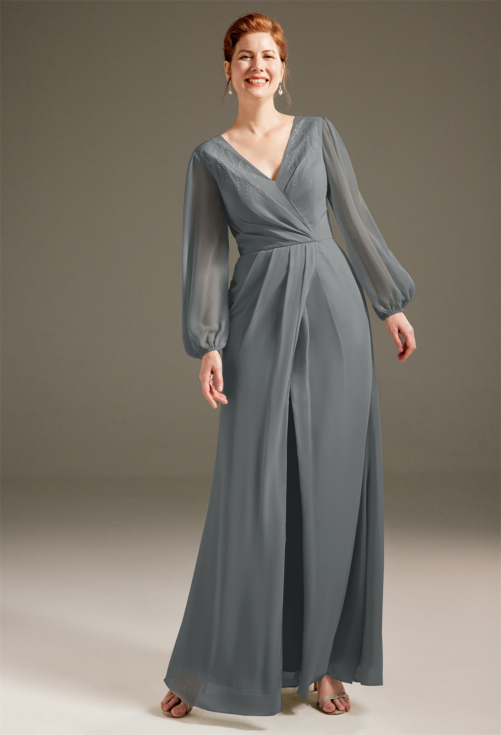 AW Sterope Dress, Steel Gray Chiffon Knee Length Square Neckline Mother ...