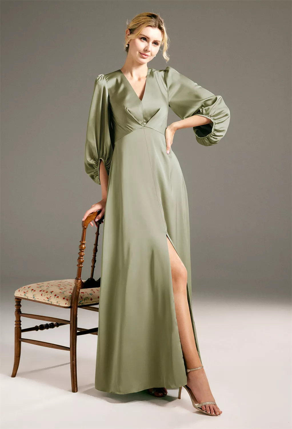 AW Shauna Dress, Taupe Crystal Satin Satin Charmeuse Floor Length ...