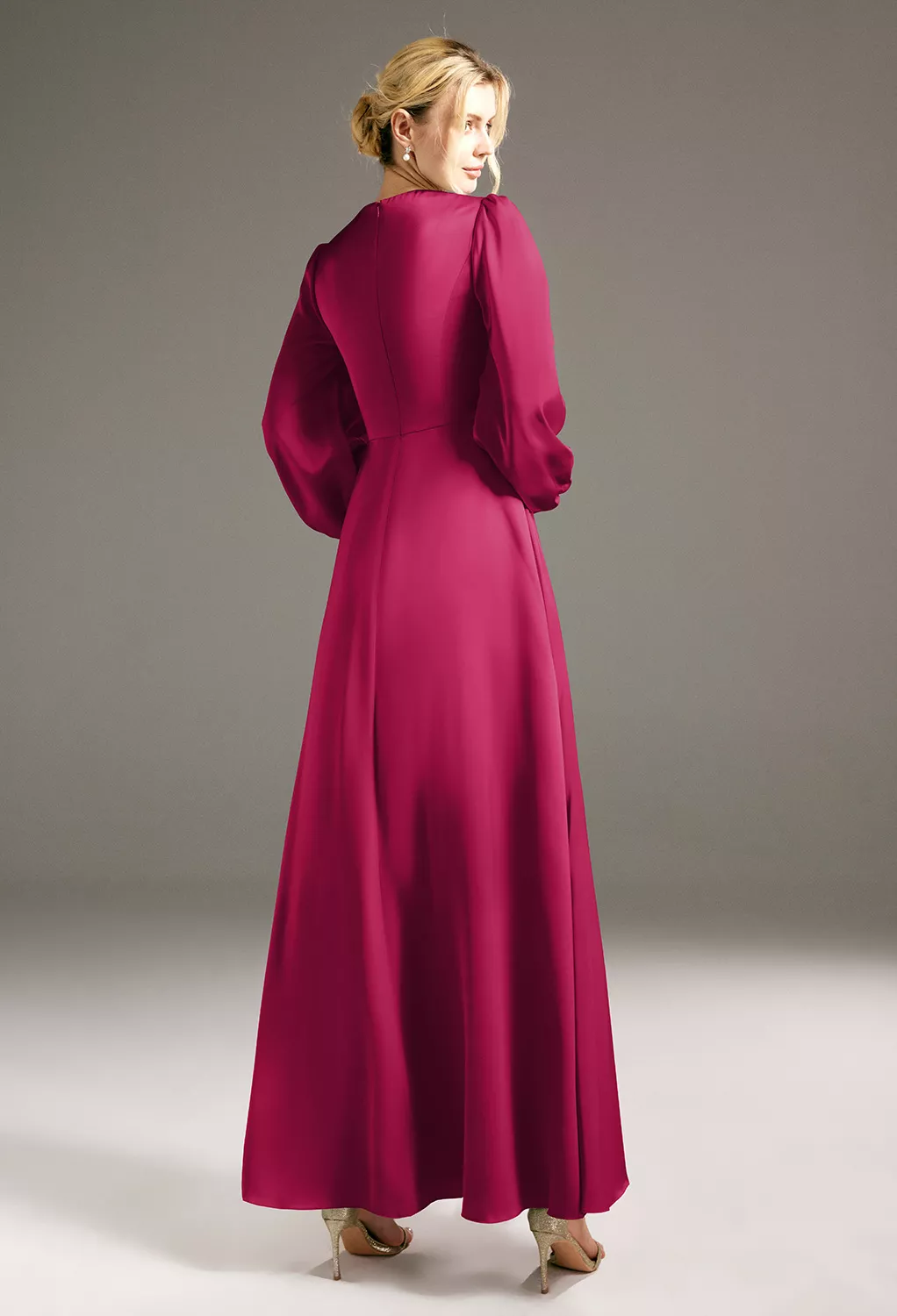 AW Hermione Dress, Taupe Satin Charmeuse Floor Length Straight Neckline ...