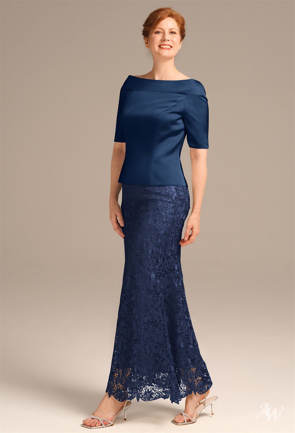 AW Penrose Dress, Navy Satin Charmeuse Ankle Length Straight Neckline Mother of the Bride ...