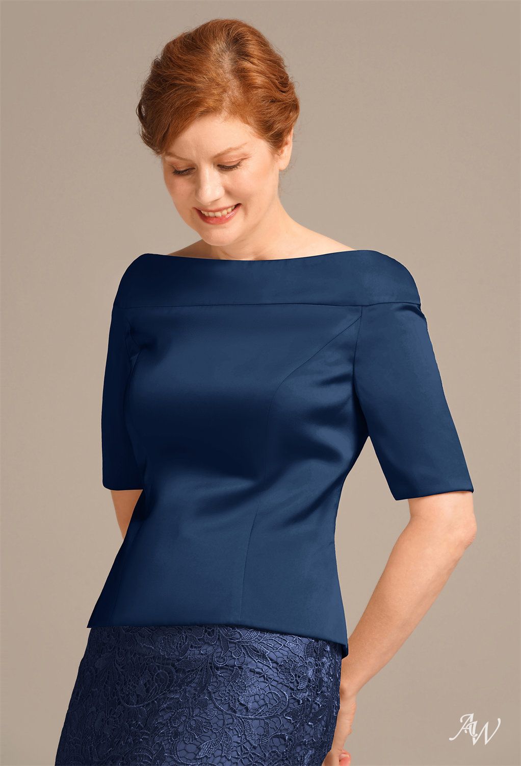 AW Penrose Dress, Navy Satin Charmeuse Ankle Length Straight Neckline Mother of the Bride ...