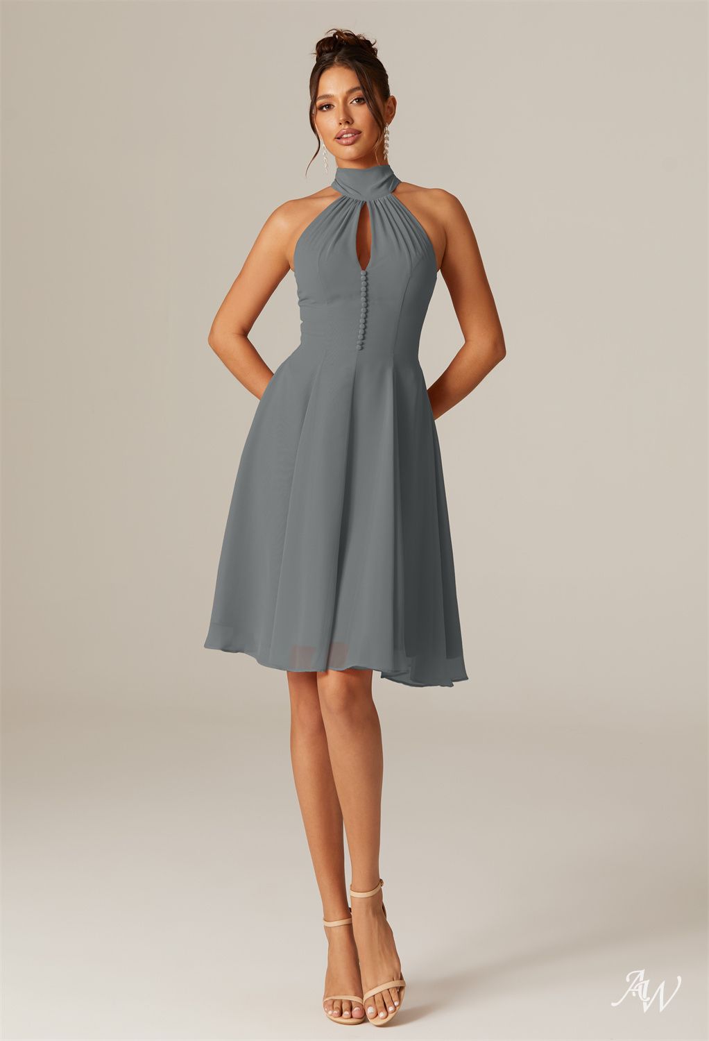 AW Lucerne Dress, Blue Botanical Floral Chiffon Knee Length Halter Neckline Bridesmaid Dresses ...