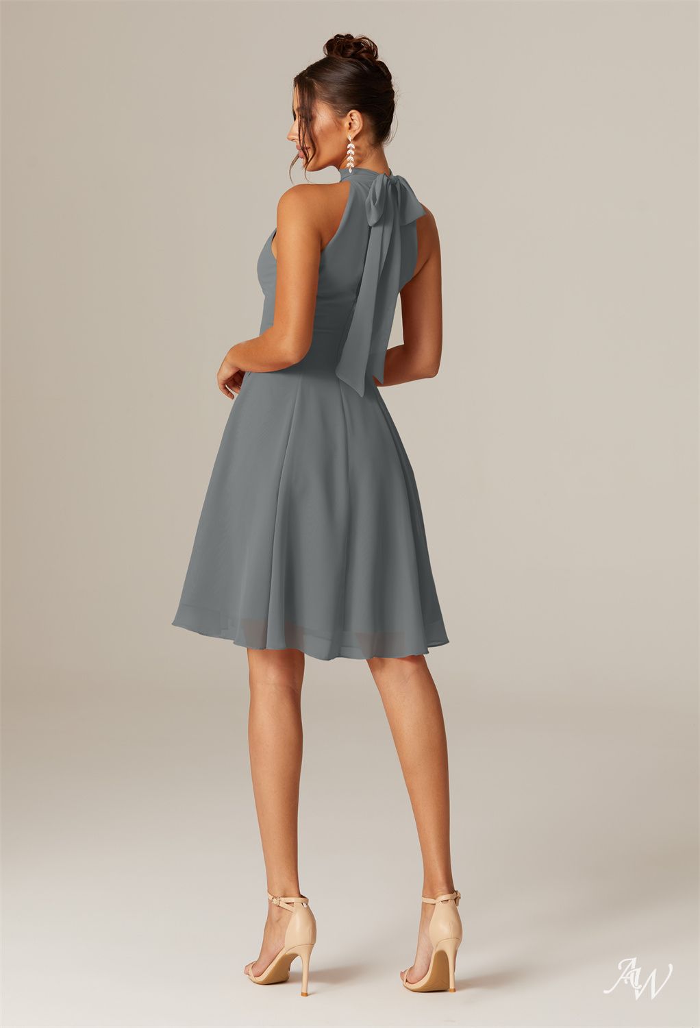 AW Lucerne Dress, Blue Botanical Floral Chiffon Knee Length Halter Neckline Bridesmaid Dresses ...