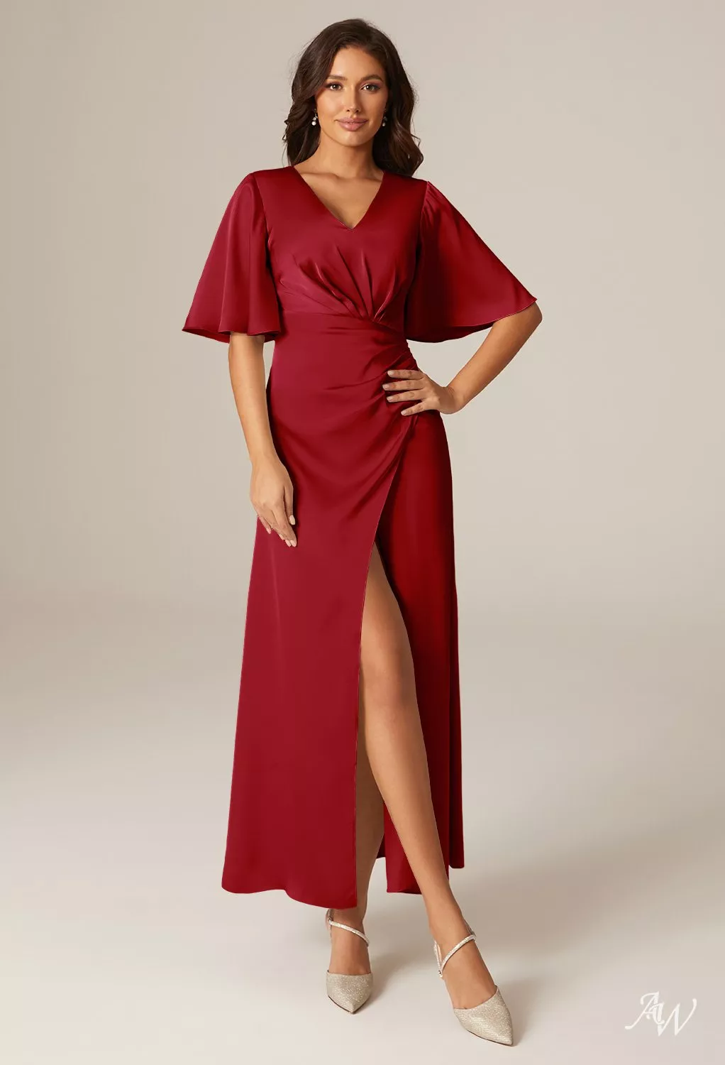 AW Gabrielle Dress, Navy Satin Charmeuse Ankle Length V-Neck Bridesmaid ...