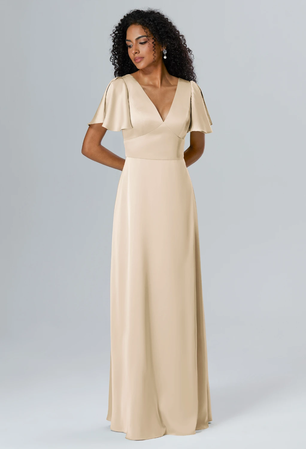 AW Sahib Dress, Champagne Satin Charmeuse Floor Length Square Neckline ...