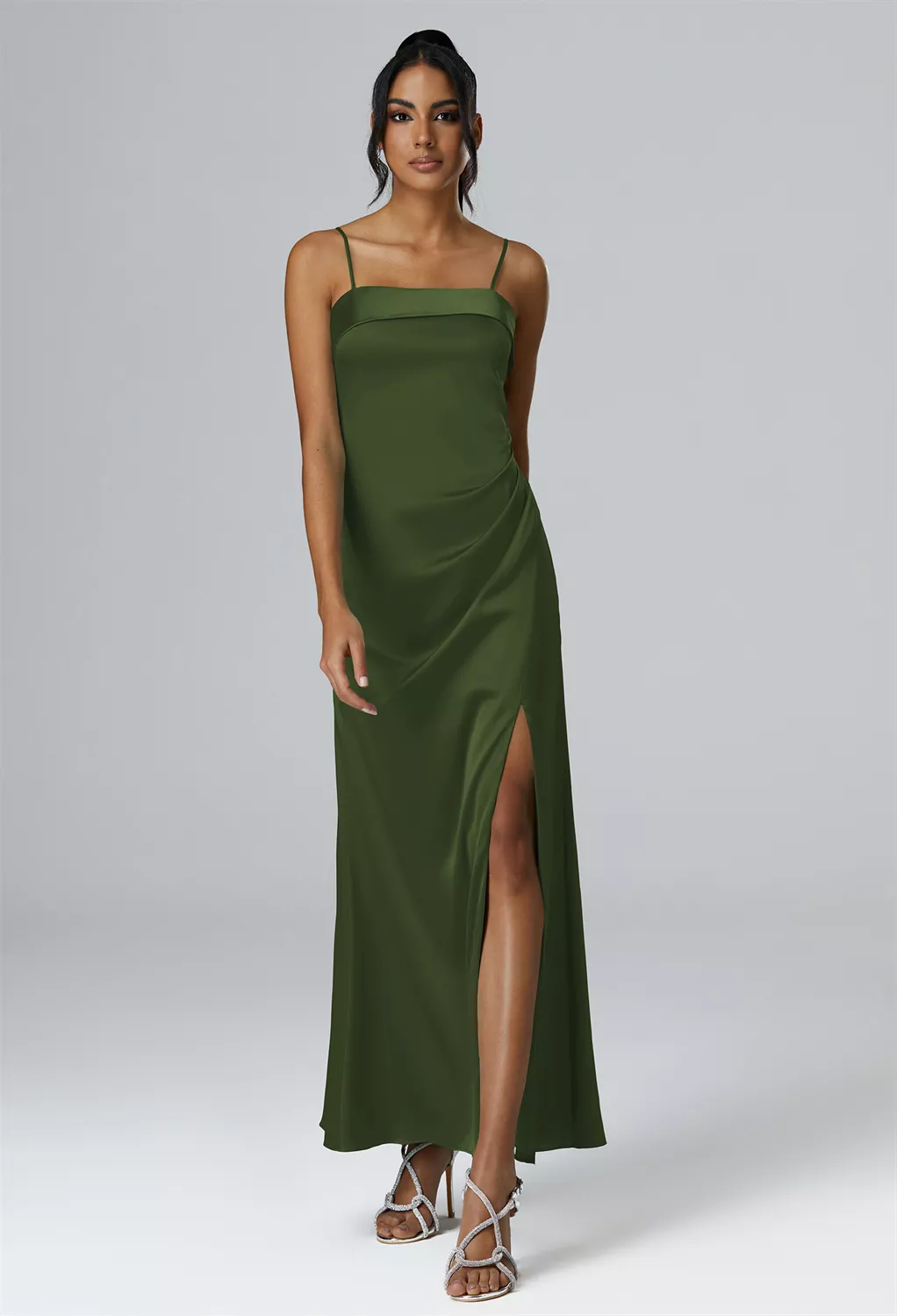 AW Dey Dress, Hunter Green Crystal Satin Satin Charmeuse Floor Length ...
