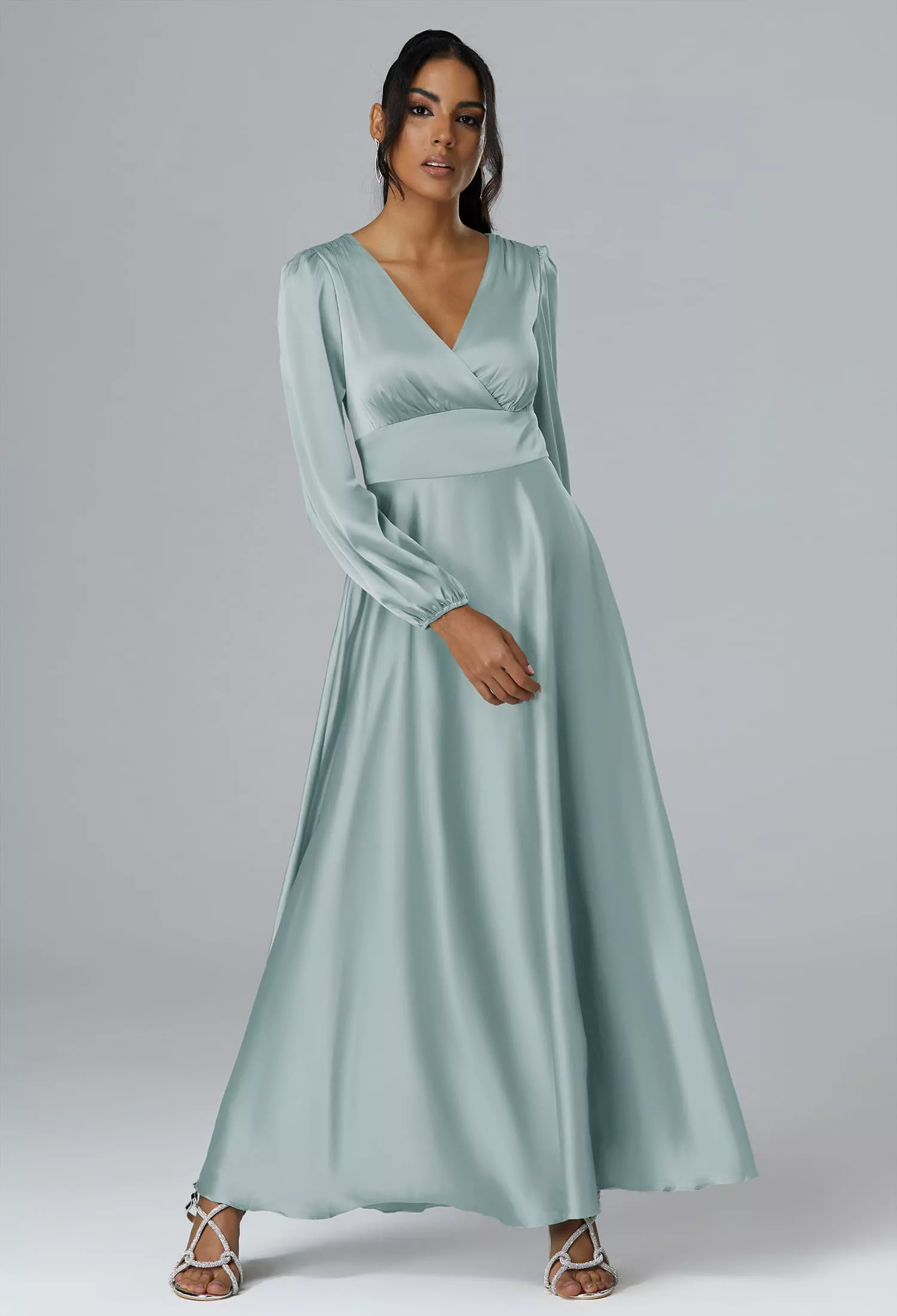 AW Asa Dress, Sage Green Crystal Satin Satin Charmeuse Tea Length ...