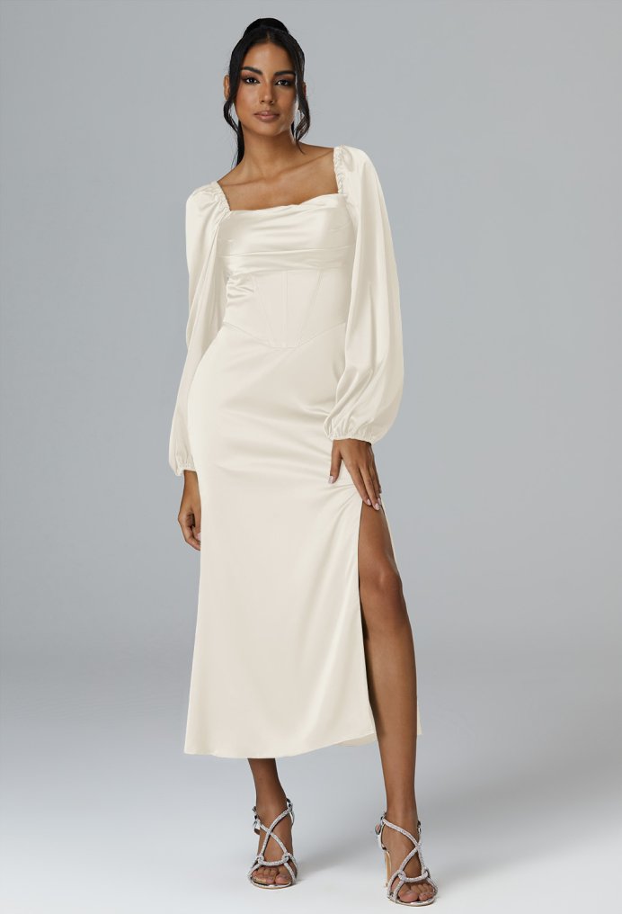 AW Mercy Dress, Taupe Satin Charmeuse Knee Length Halter Neckline ...