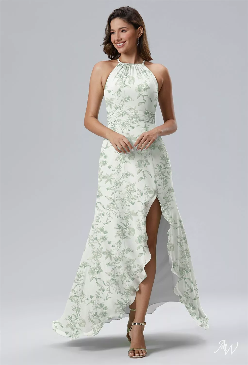 AW Charis Dress, Sage Green Chiffon Hi Lo Halter Neckline Bridesmaid ...