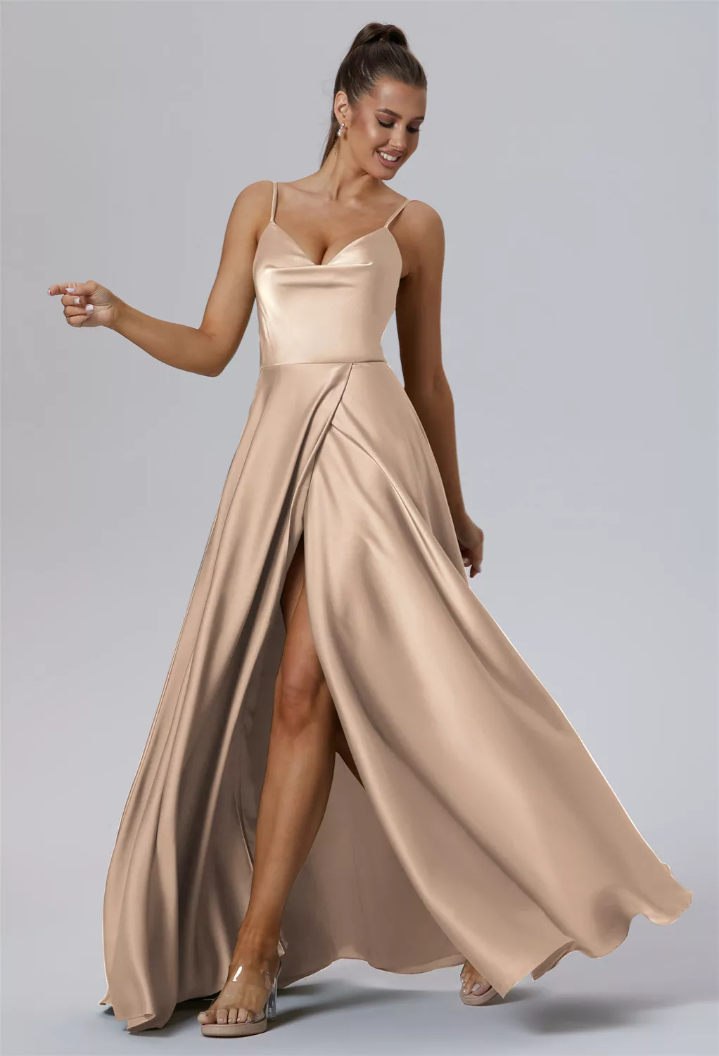 AW Sahib Dress, Champagne Satin Charmeuse Floor Length Square Neckline ...