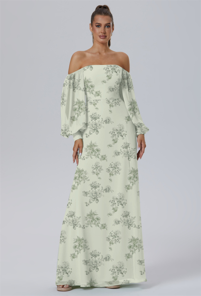 AW Wilma Dress, Blue Botanical Floral Chiffon Floor Length V-Neck ...