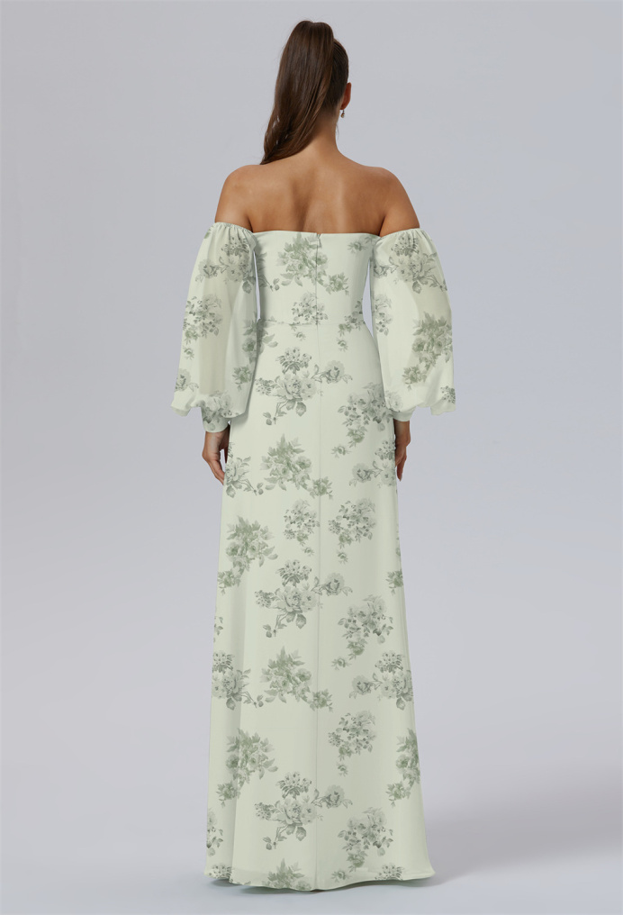 AW Wilma Dress, Blue Botanical Floral Chiffon Floor Length V-Neck ...