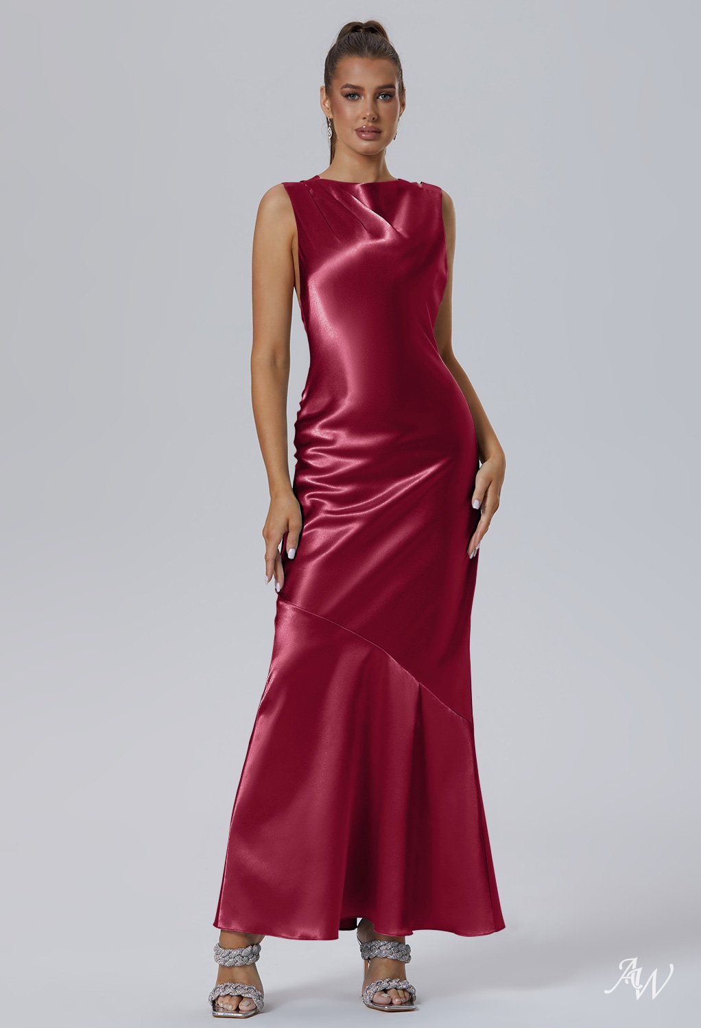 AW Celestia Dress, Champagne Crystal Satin Floor Length Bateau Neckline ...