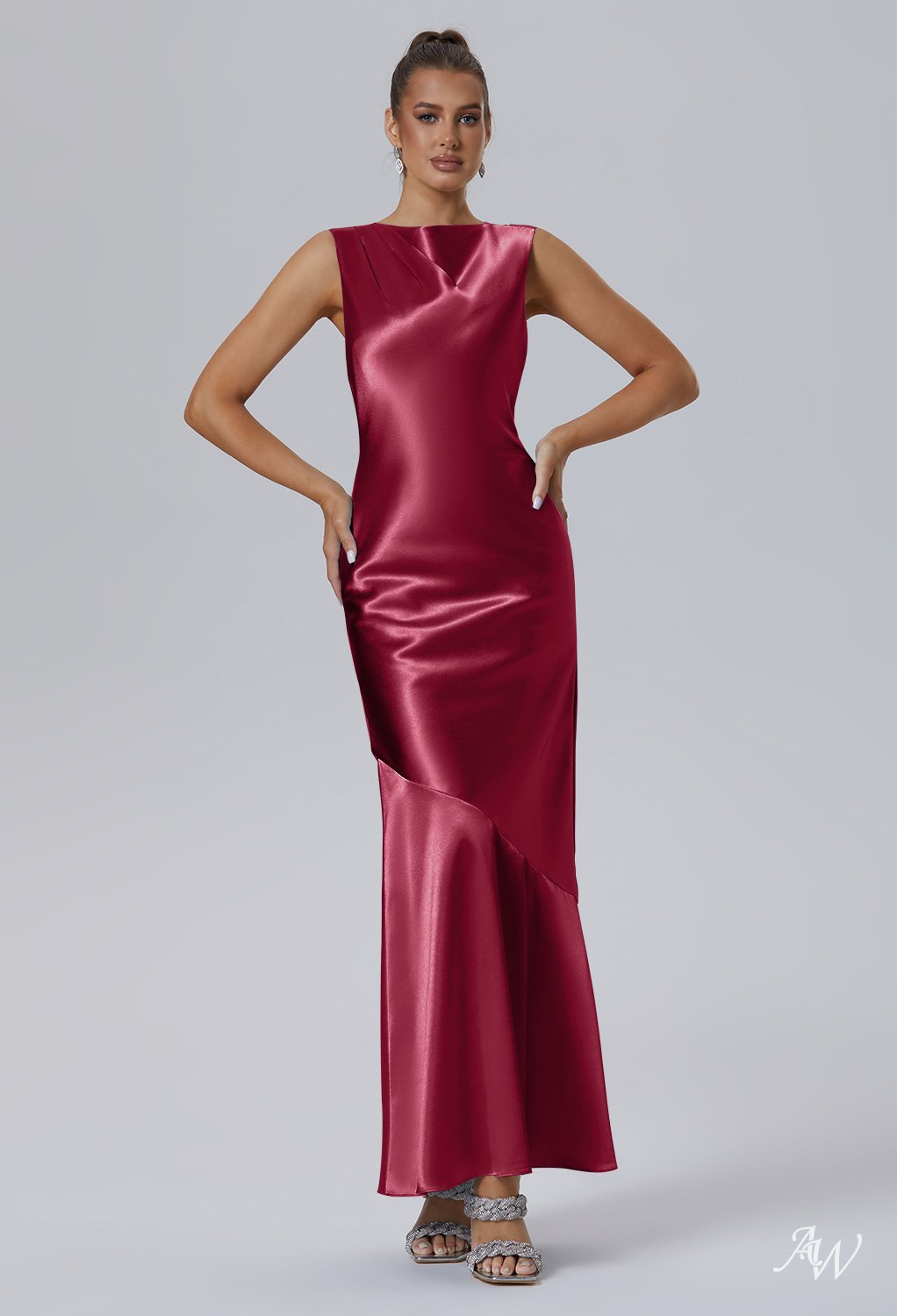 AW Celestia Dress, Champagne Crystal Satin Floor Length Bateau Neckline ...