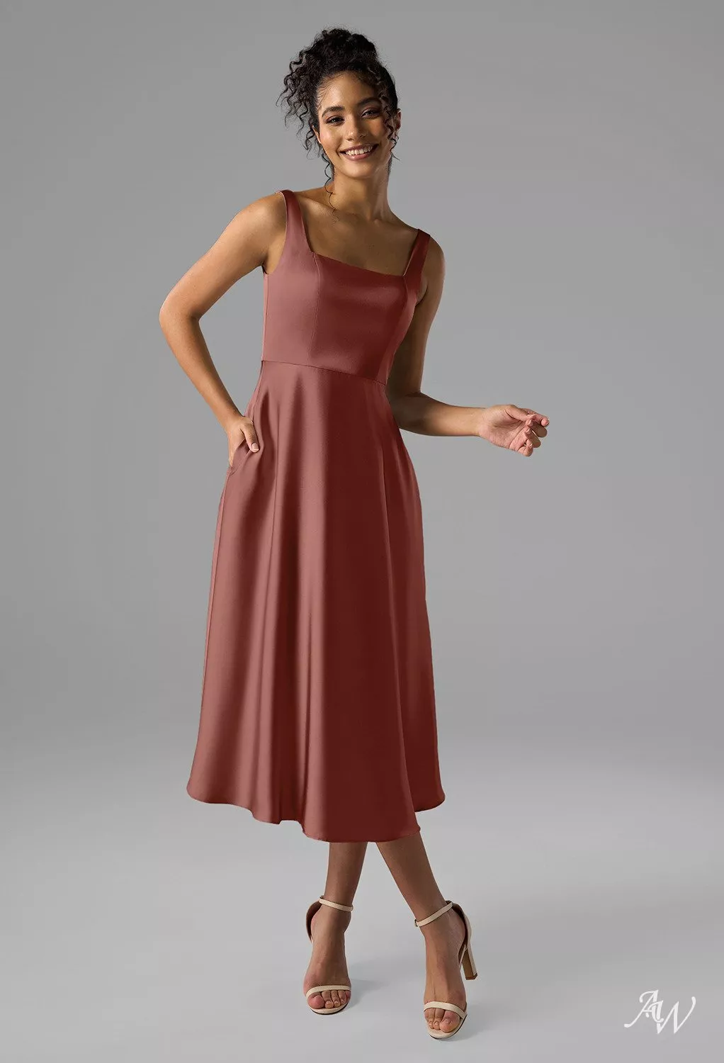AW Asa Dress, Sage Green Crystal Satin Satin Charmeuse Tea Length ...