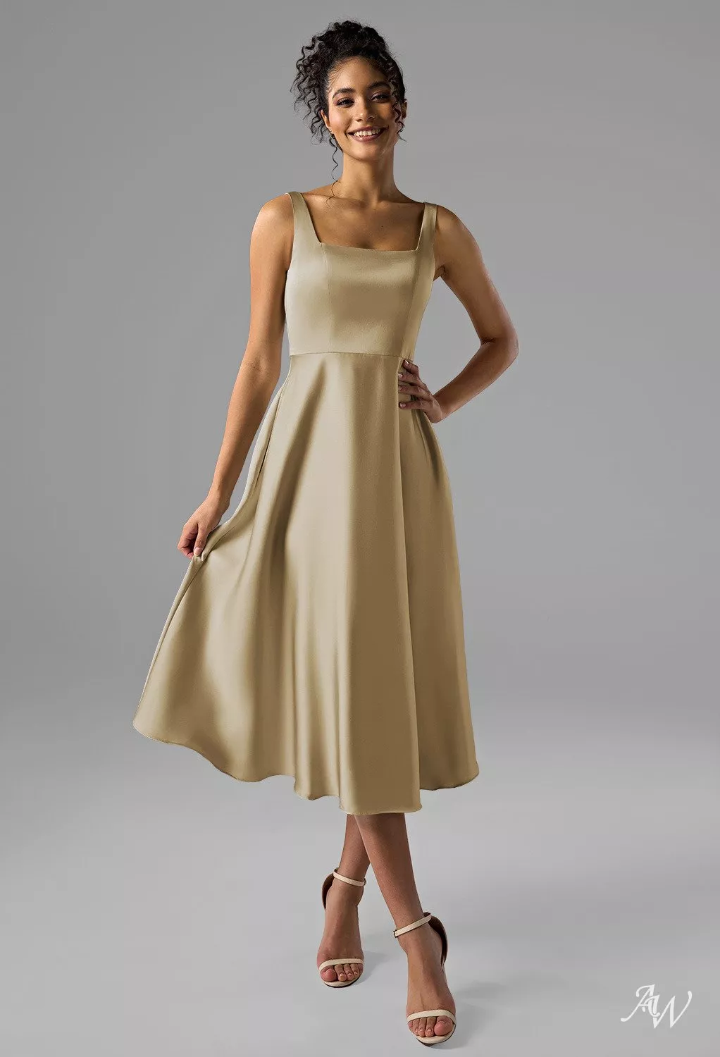 AW Asa Dress, Sage Green Crystal Satin Satin Charmeuse Tea Length ...