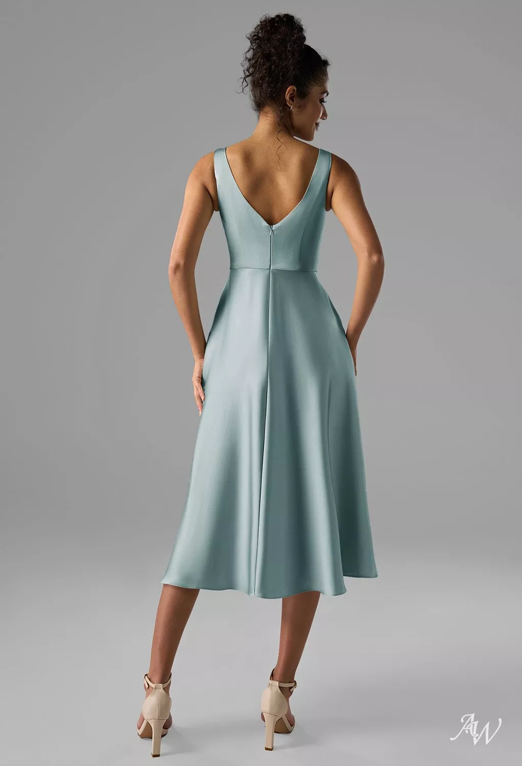 AW Asa Dress, Sage Green Crystal Satin Satin Charmeuse Tea Length ...