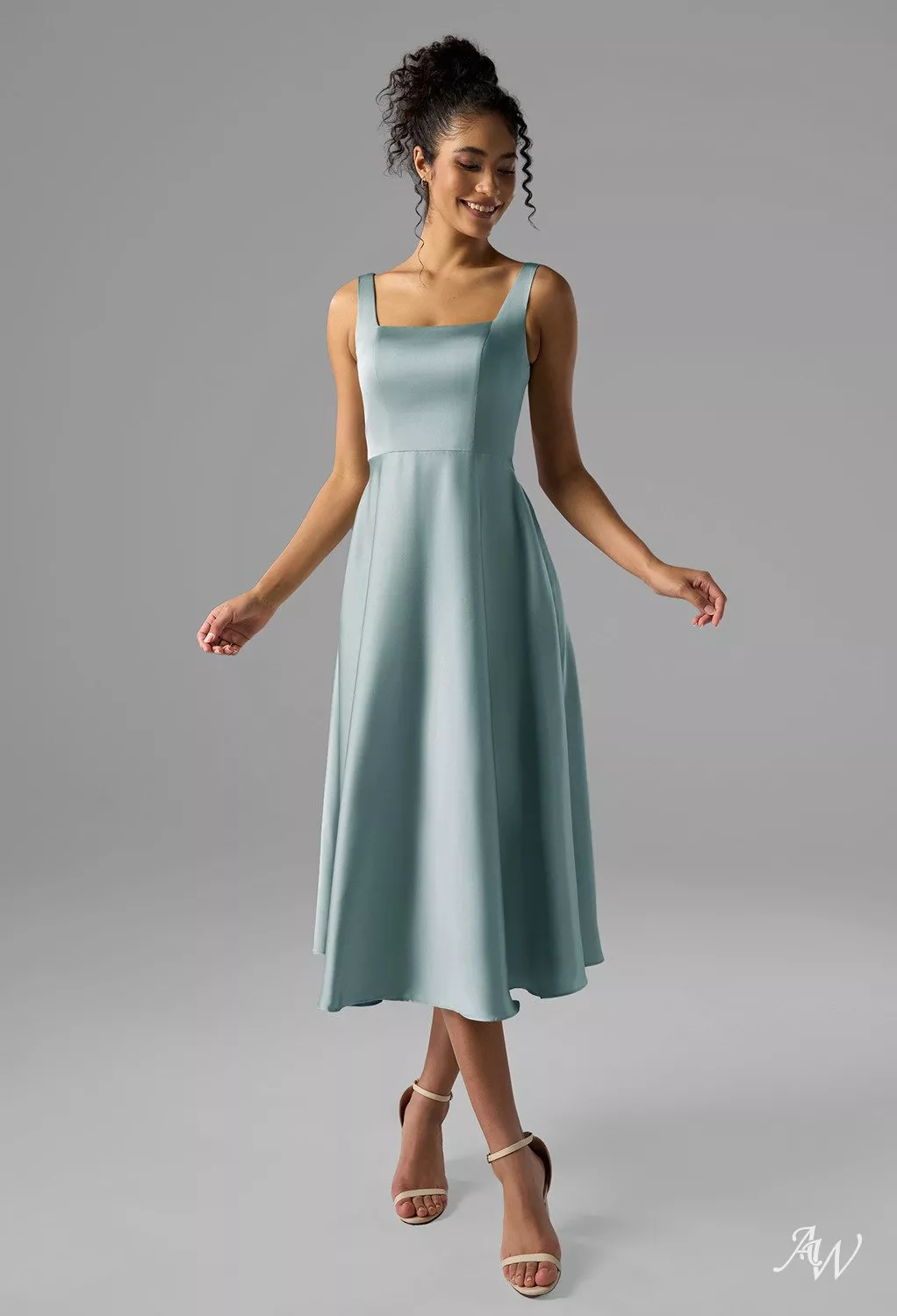 AW Asa Dress, Sage Green Crystal Satin Satin Charmeuse Tea Length ...