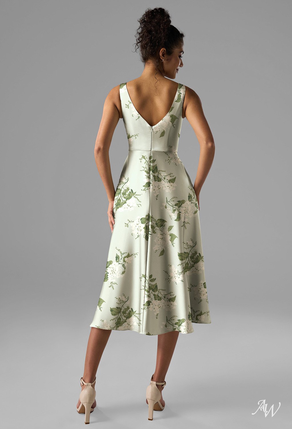 AW Asa Dress, Sage Green Crystal Satin Satin Charmeuse Tea Length ...