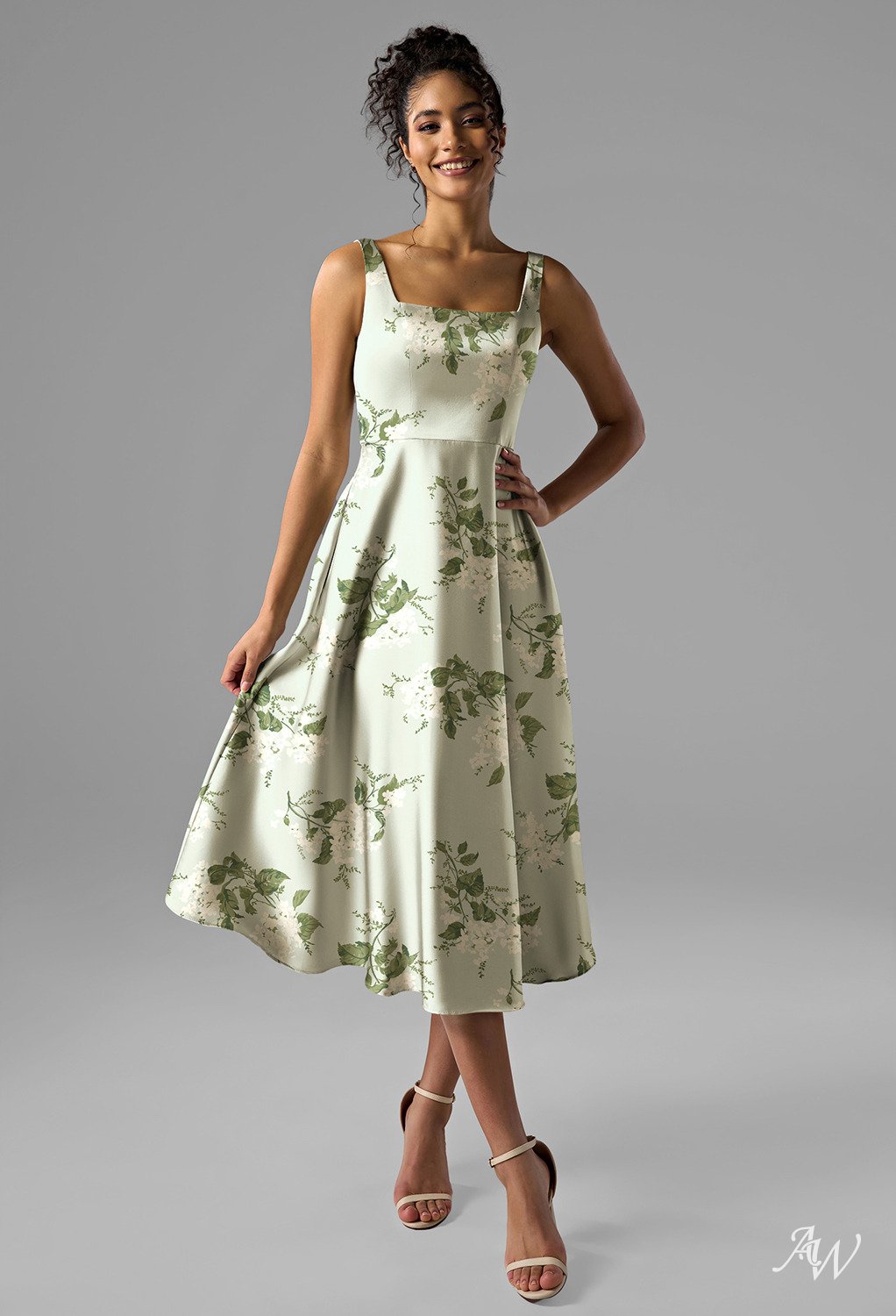 AW Asa Dress, Sage Green Crystal Satin Satin Charmeuse Tea Length ...