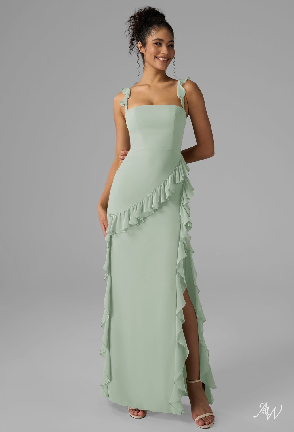 AW Jaydon Dress, Light Dusty Blue Chiffon Floor Length Square Neckline ...
