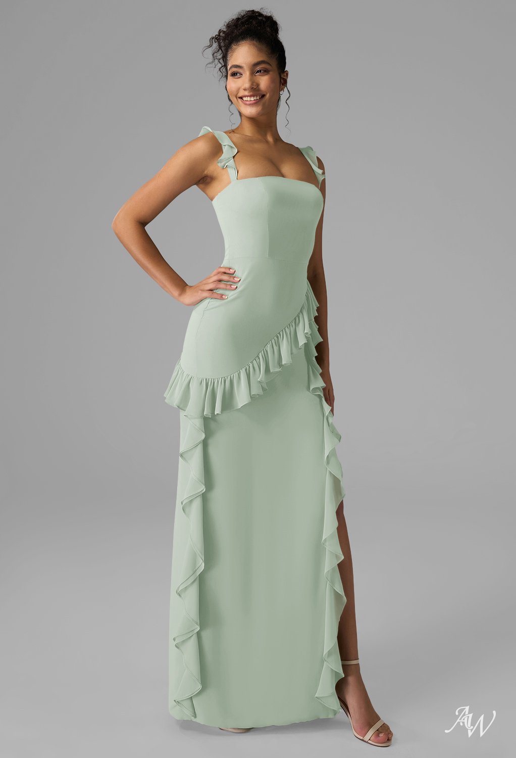 AW Jaydon Dress, Light Dusty Blue Chiffon Floor Length Square Neckline ...