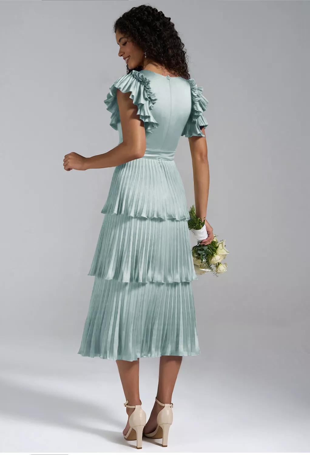 AW Asa Dress, Sage Green Crystal Satin Satin Charmeuse Tea Length ...