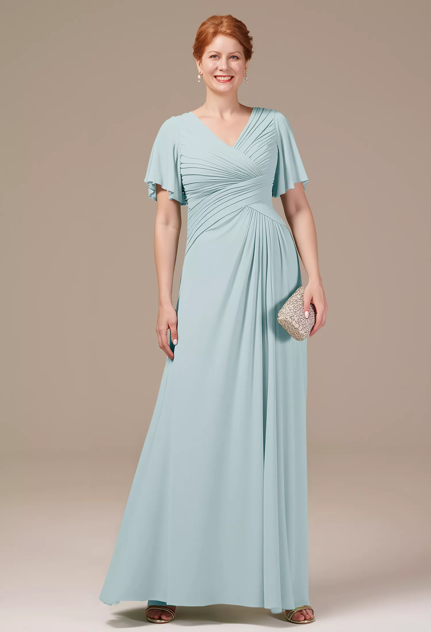 AW Difluence Dress, Burgundy Chiffon Tea Length V-Neck Mother of the ...