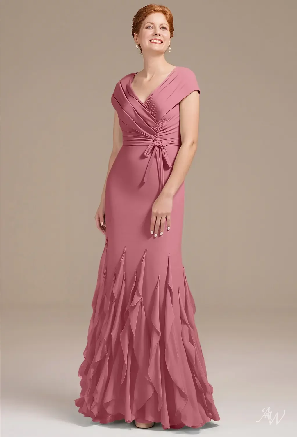 AW Ela Dress, Pearl Pink Chiffon Floor Length V-Neck Mother of the ...
